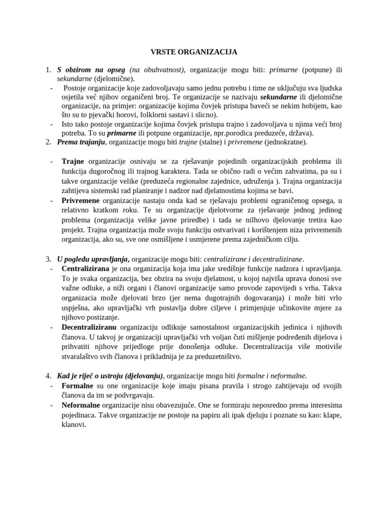 VRSTE ORGANIZACIJE sređeno | PDF