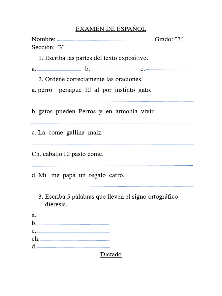 Examen de Español para Segundo Grado | PDF