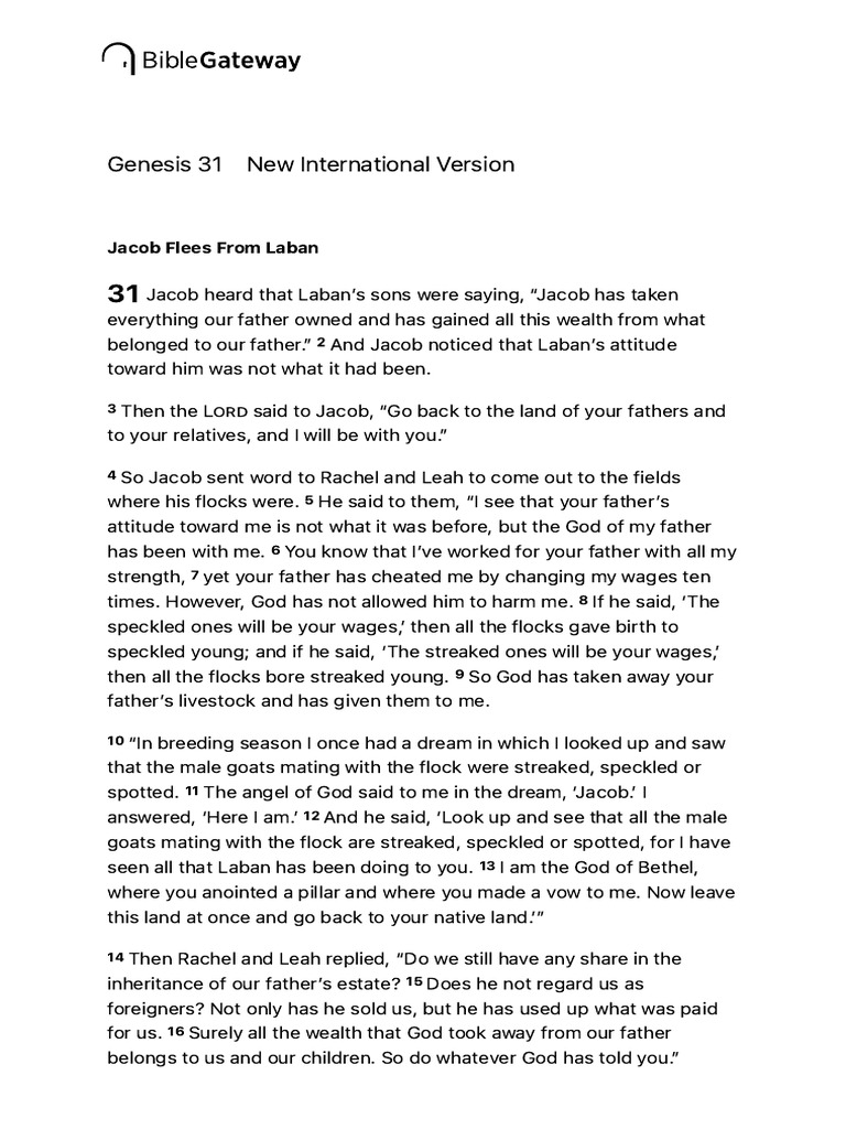 Genesis 31 NIV - Jacob Flees From Laban - Jacob Heard - Bible Gateway ...