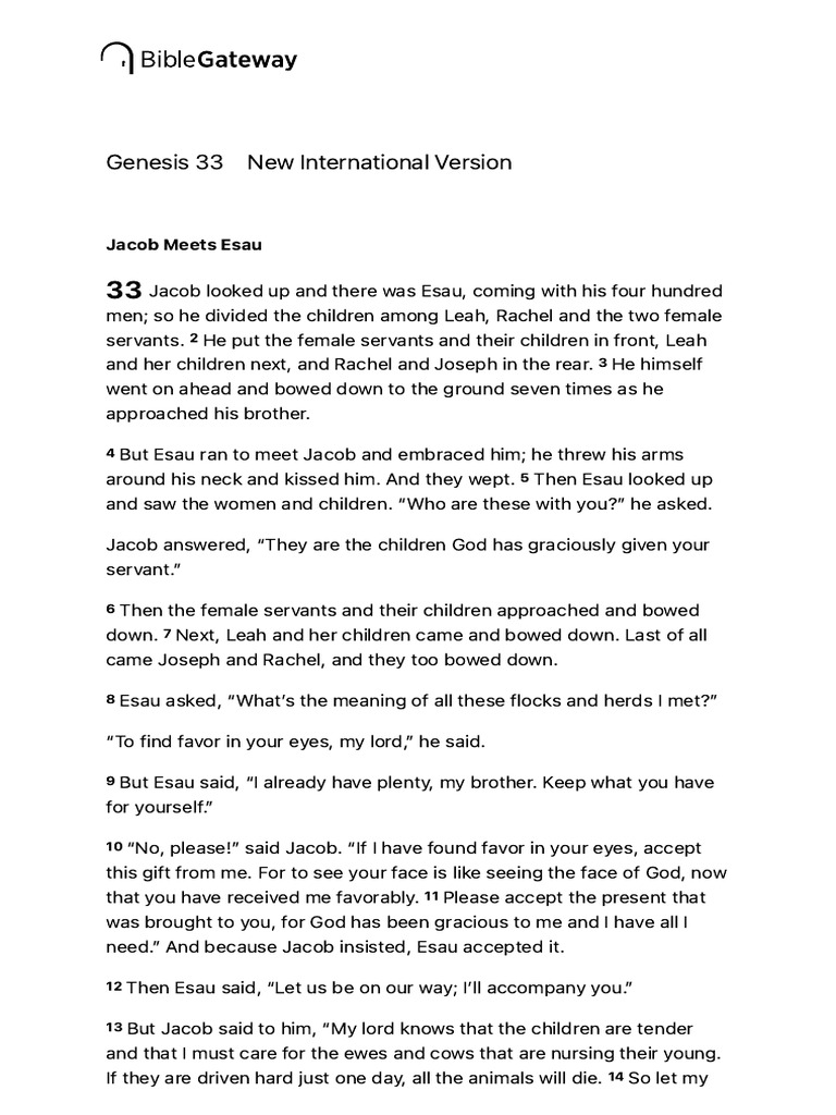 Genesis 33 NIV - Jacob Meets Esau - Jacob Looked Up and - Bible Gateway | PDF | Jacob | Leah