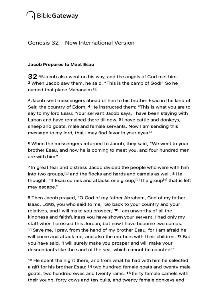 Genesis 32 NIV - Jacob Prepares to Meet Esau - Jacob - Bible Gateway ...