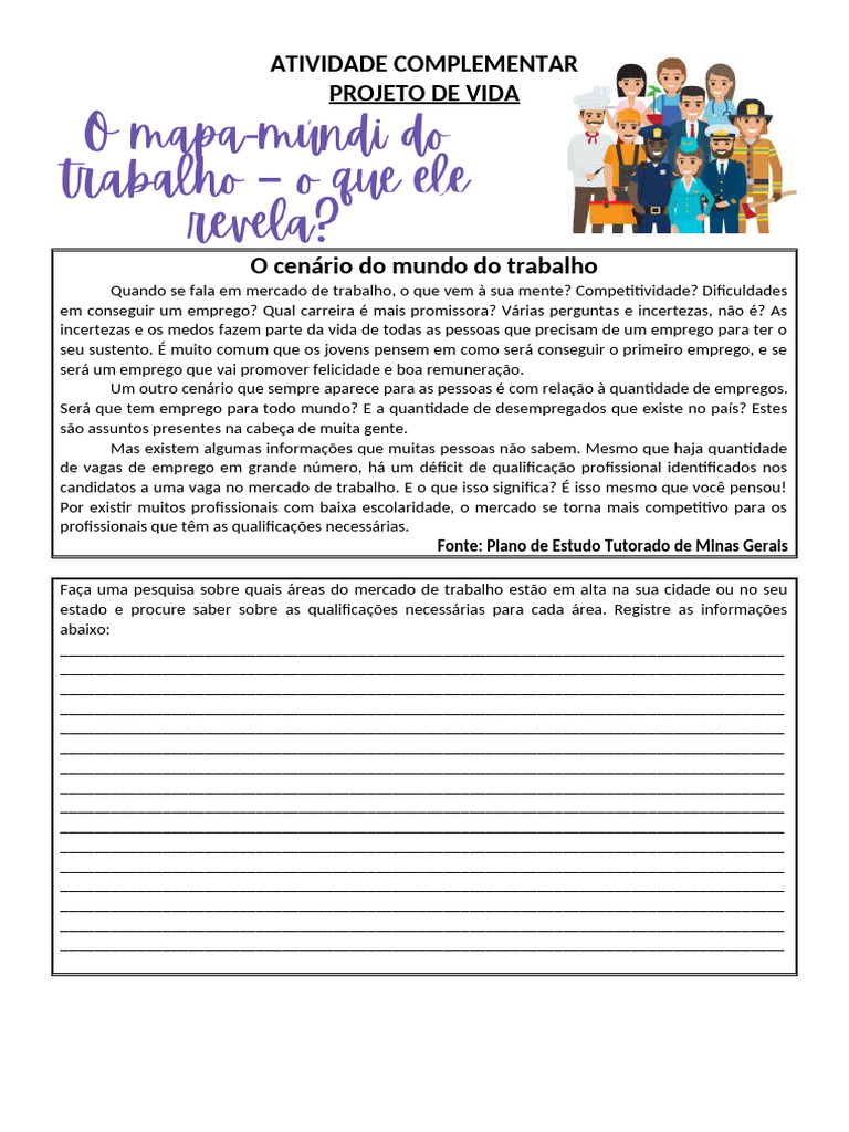 Atividade Complementar-3º Ano-Projeto de Vida (1) . | PDF | Vida | Economia do trabalho