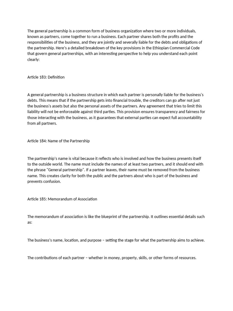 Ethiopian General Partnership Overview | PDF | Partnership | Limited ...
