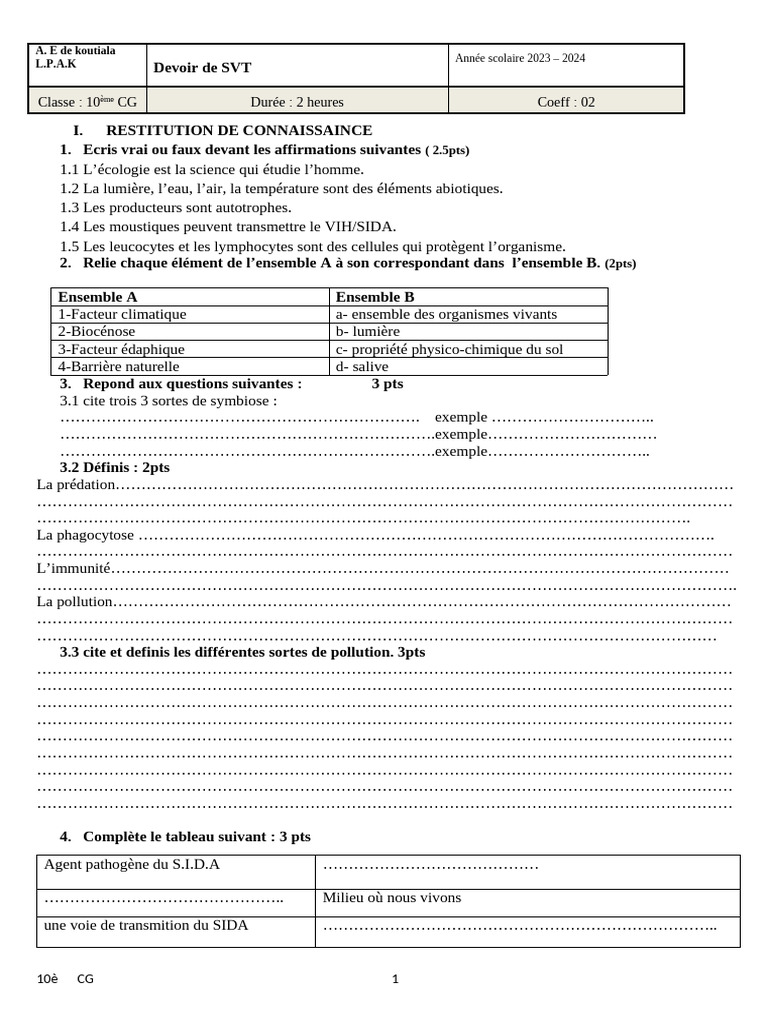 Devoir1 SVT 10CG 23-24 | PDF