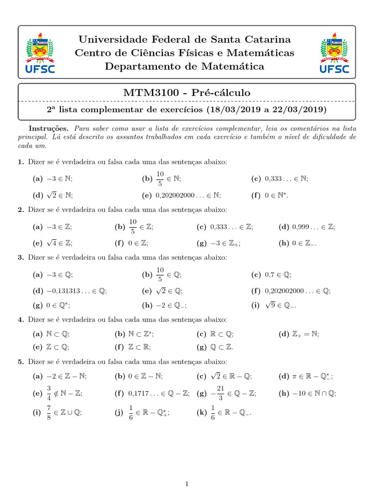3lista de Exercícios 2 - Complementar | PDF | Matemática | Lógica matemática