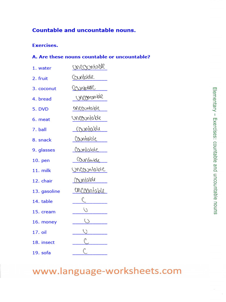 Countable vs Uncountable Nouns Exercises | PDF | Foods
