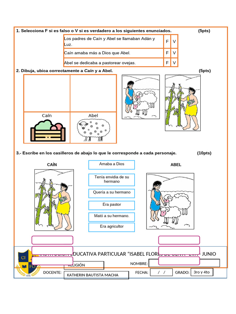 Actividades sobre Caín y Abel para Religión | PDF