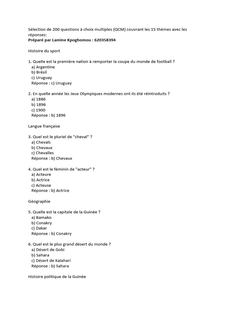 200 Questions QCM de Culture Générale | PDF | Fer | Dioxyde de carbone