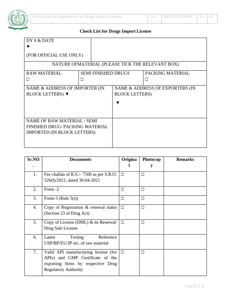 3. Check List for Application of Drugs Import License | PDF