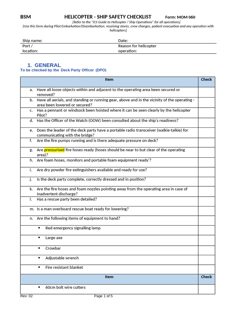 Helicopter Ship Safety Checklist Guide | PDF | Oil Tanker