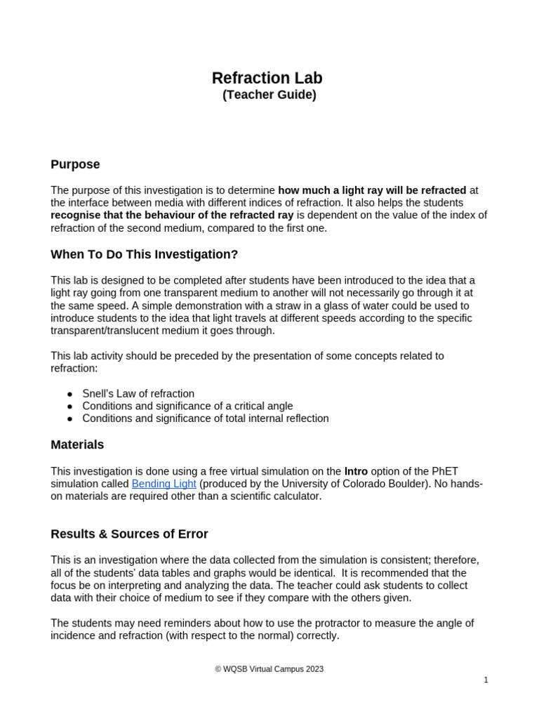 Refraction Lab Teacher Guide | PDF | Refraction | Refractive Index