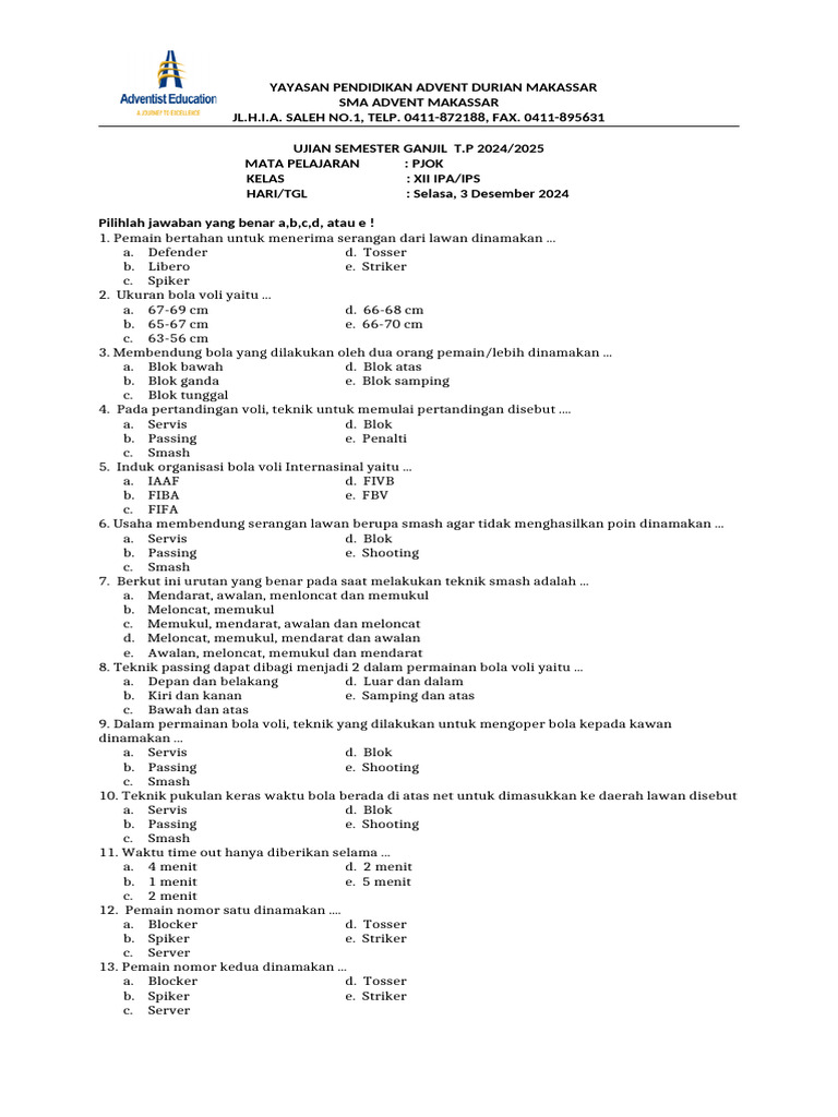 Soal PJOK Kelas XII Ganjil | PDF