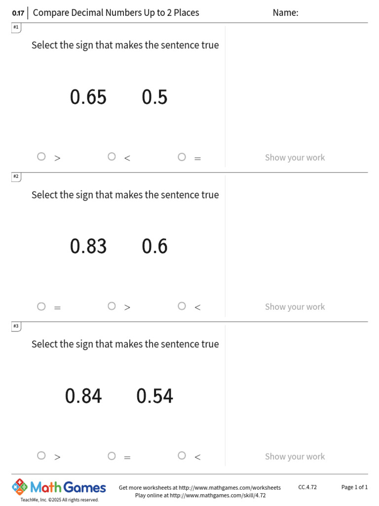 4 72 Compare Decimal Numbers Up To 2 Places | PDF