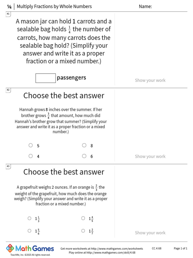 Multiply Fractions with Whole Numbers | PDF | Mathematical Notation ...