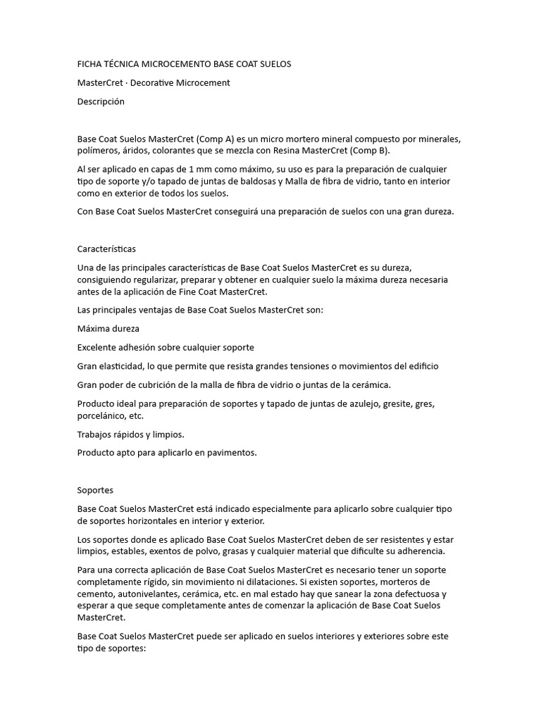 Ficha Tecnica Microcemento Base Coat Suelos | PDF | Cemento | Hormigón