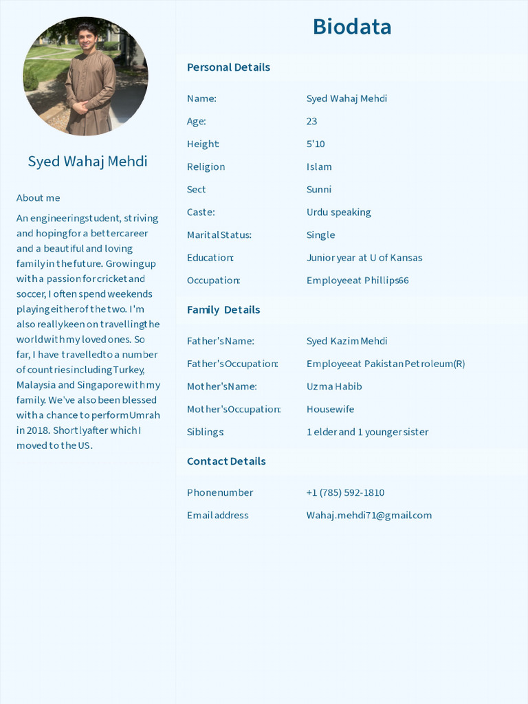 Syed Wahaj Mehdi's Biodata (2) | PDF