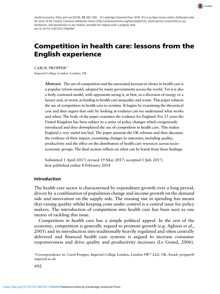 Competition in Health Care Lessons From The English Experience 1 | PDF ...