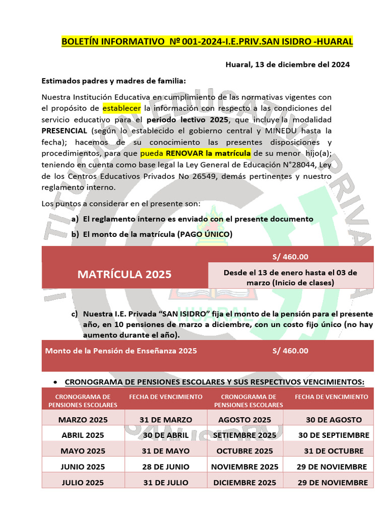 Boletín Informativo #001-Para Los Padres-Ok | PDF | Evaluación | Aprendizaje