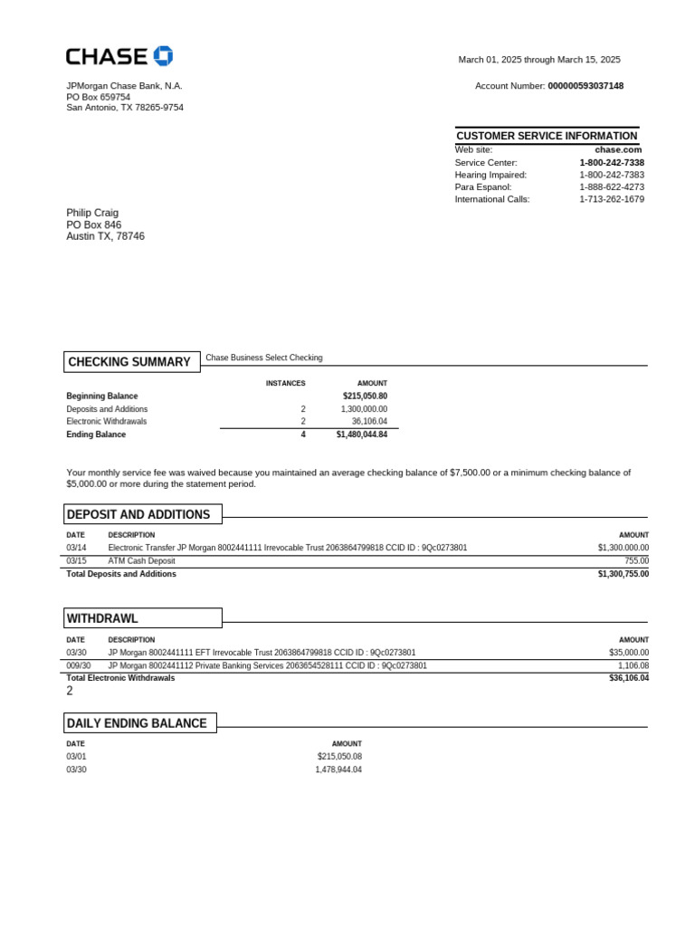 Chase Business Checking Summary March 2025 | PDF | Chase Bank | Jp ...