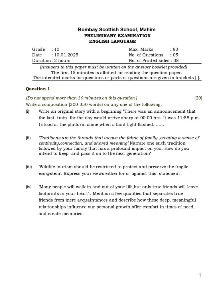 QP ICSE PRELIM 2025 - Eng Lang | PDF