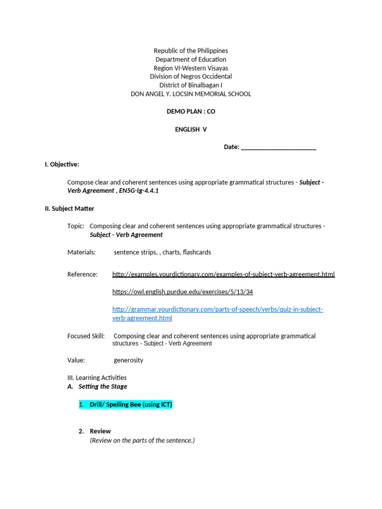 Subject-Verb Agreement Lesson Plan | PDF | Subject (Grammar) | Verb