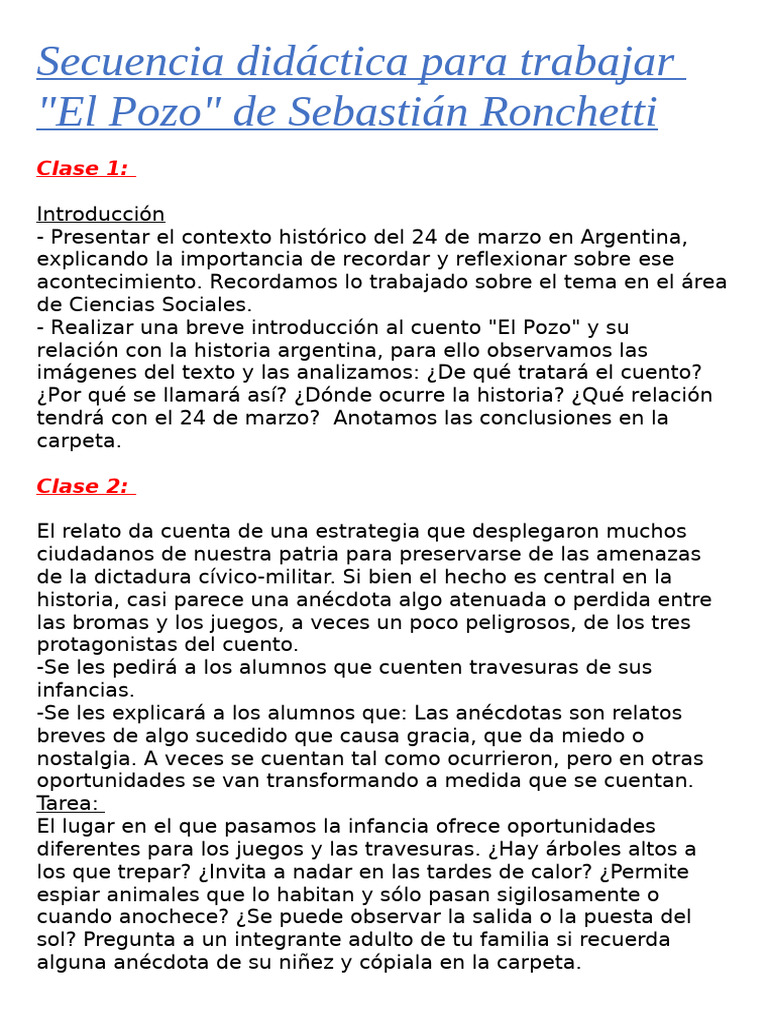 Secuencia Didáctica: "El Pozo" Ronchetti | PDF | Cuentos