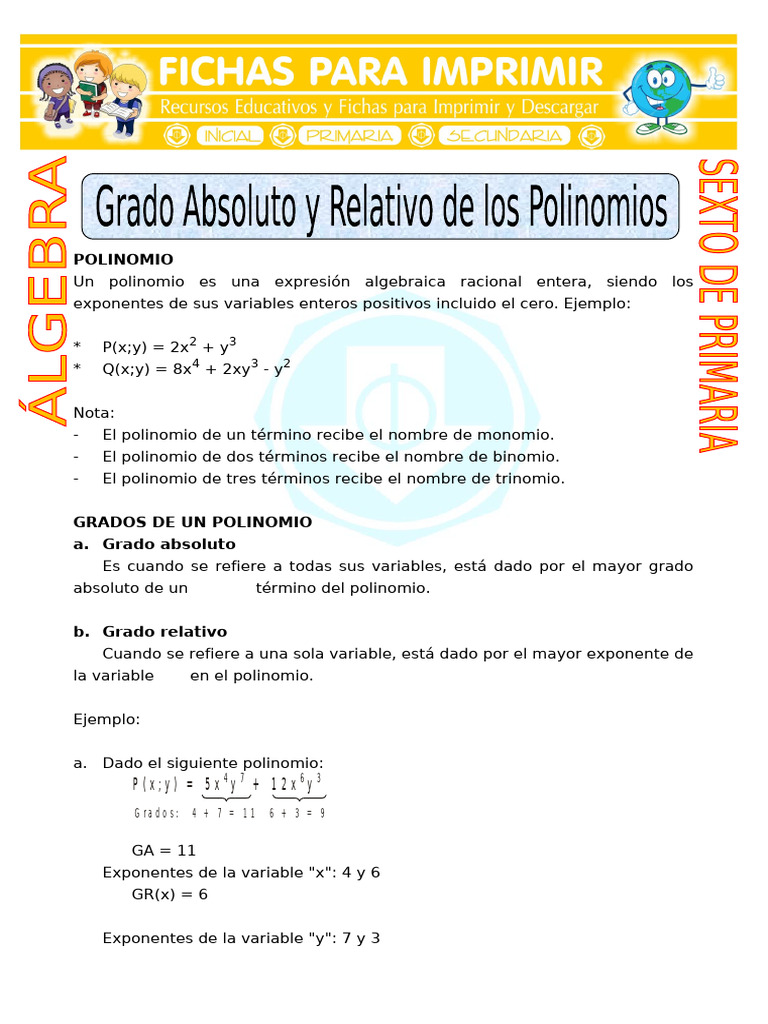 Grado Absoluto y Relativo de Los Polinomios Para Sexto de Primaria ...