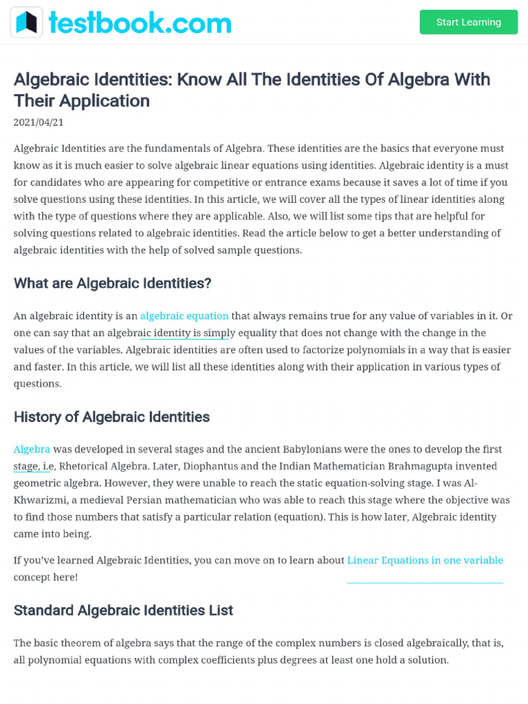 Maths Algebraic Identities | PDF