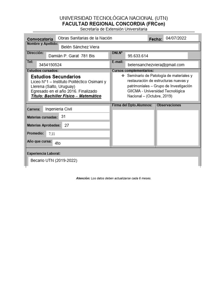 Solicitud Inscripción Pasantía EDOS - SANCHEZ VIERA BELEN | PDF