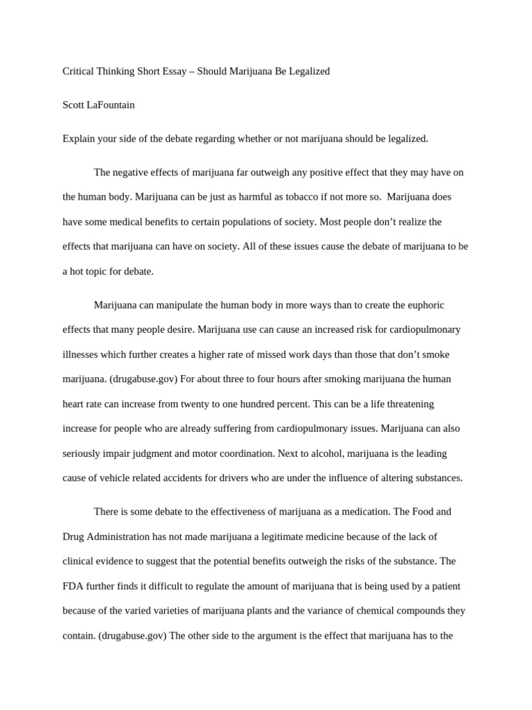 Critical Thinking Short Essay - Should Marijuana Be Legalized | PDF ...