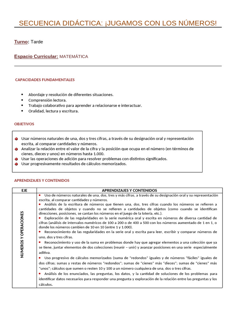 Secuencia Didáctica: Números y Juegos | PDF | Aprendizaje