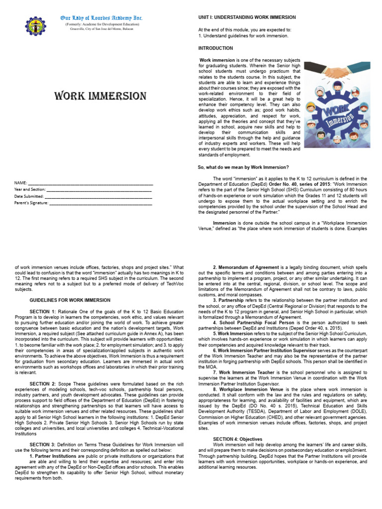 Work Immersion Guidelines for SHS Students | PDF | Curriculum | Partnership
