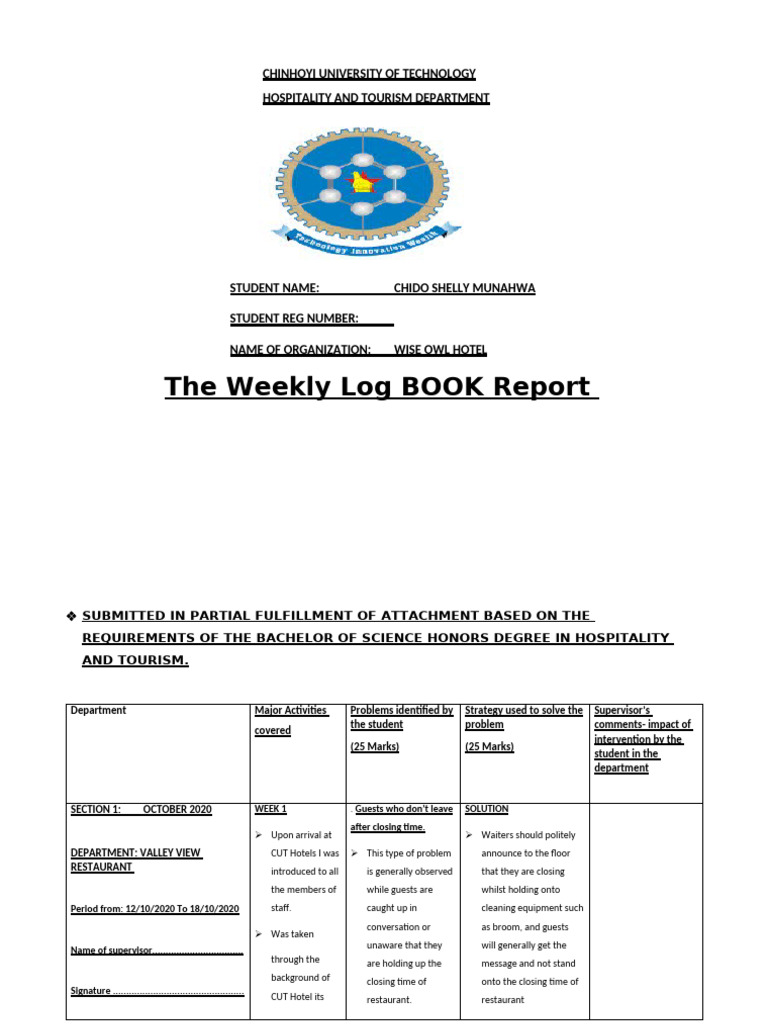 Weekly Log Report: Hospitality Internship | PDF | Chef | Waiting Staff