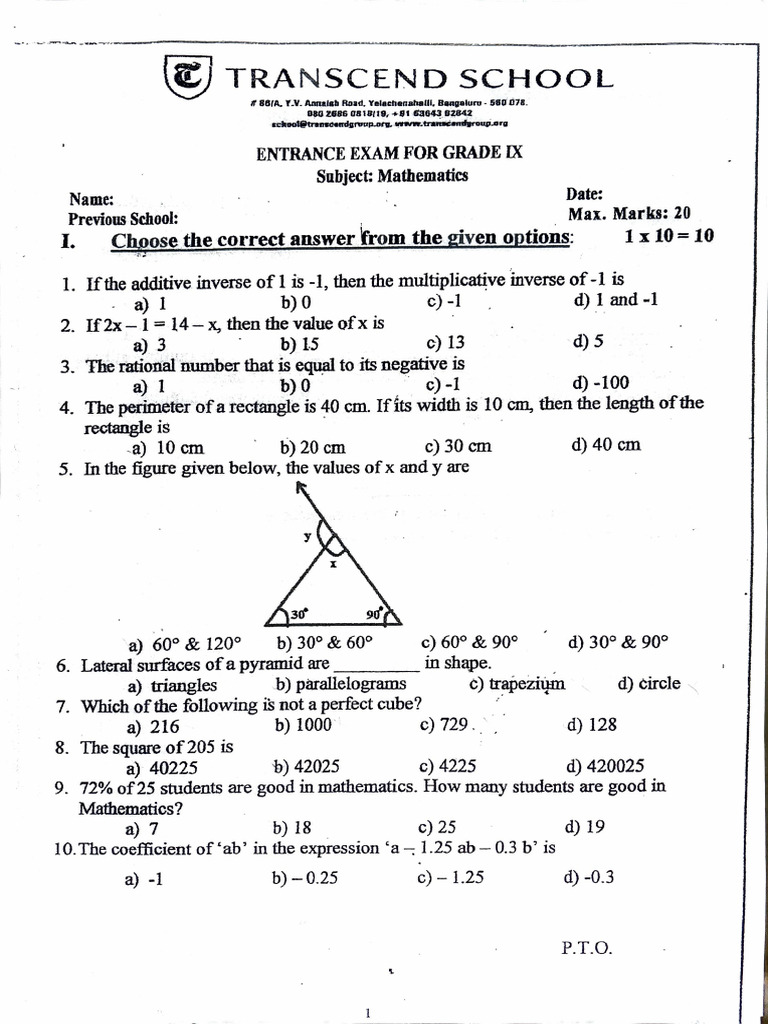 Entrance Exam QP G9 Math | PDF | Rectangle | Geometry
