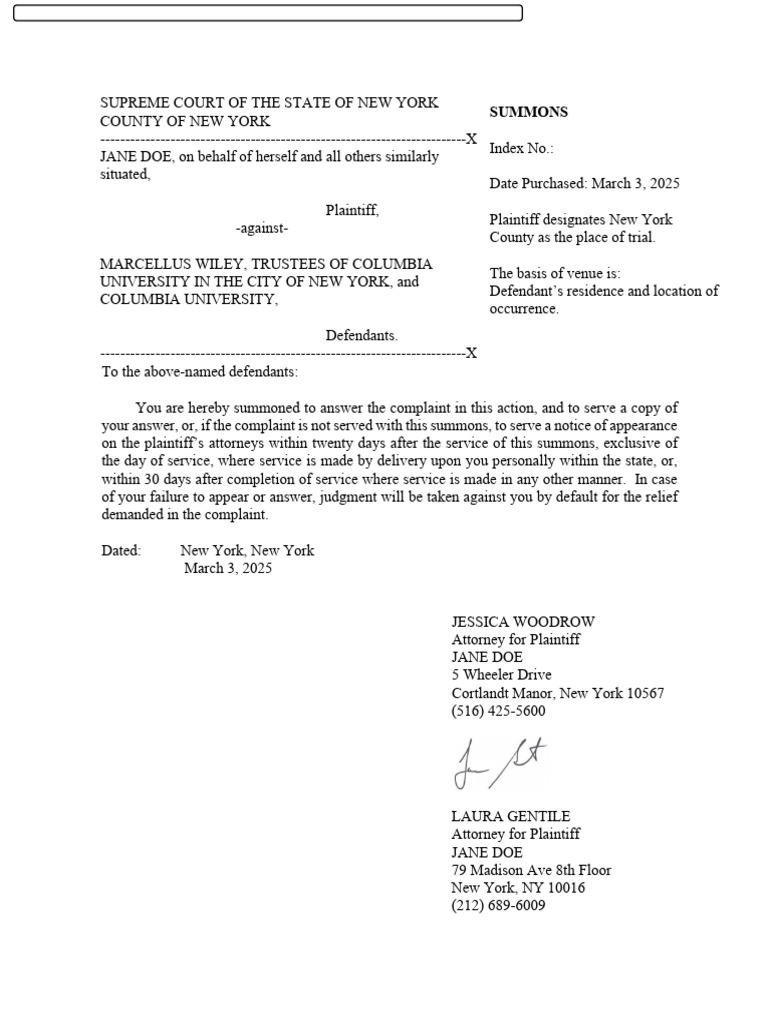 Jane Doe V Marcellus Wiley Et Al Summons Complaint | PDF | Rape | Complaint