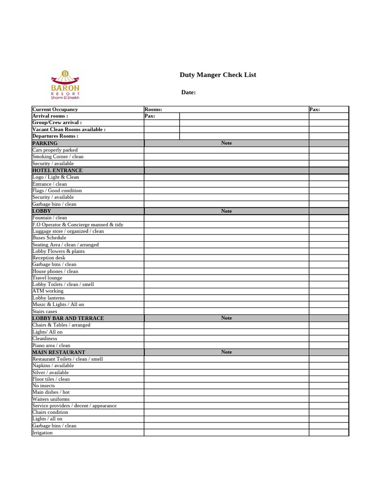 Hotel Duty Manager Checklist | PDF