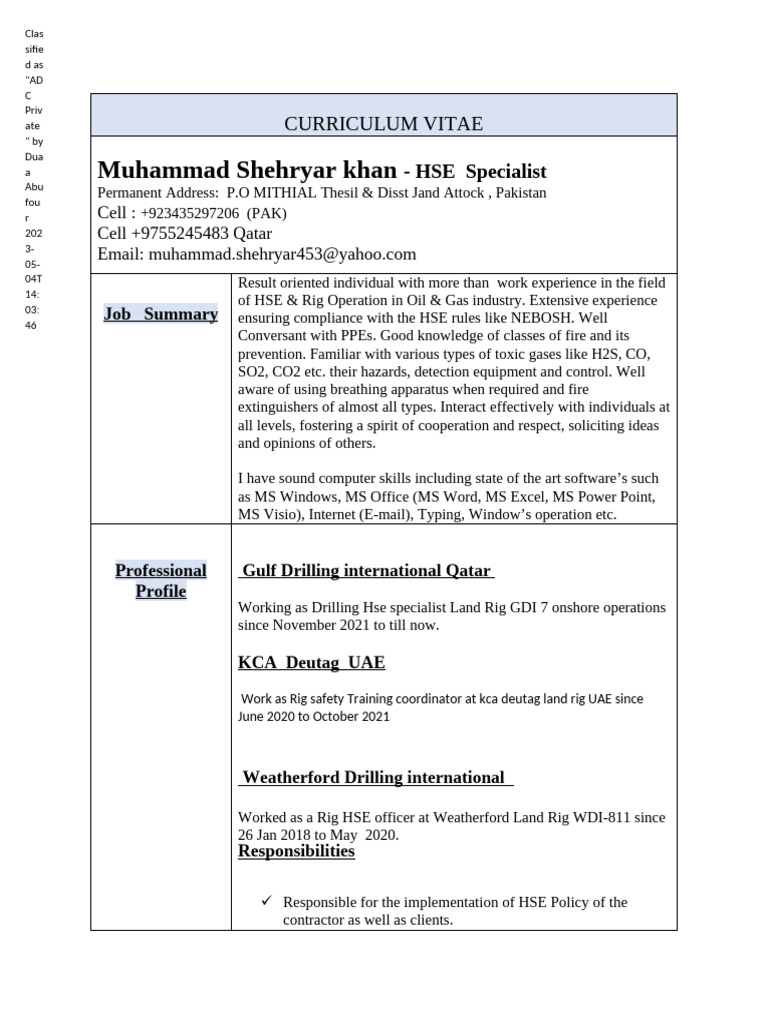 Rig Safety Training Corrdinator Muhammad Shehryar Khan 01 | PDF | Working Conditions ...