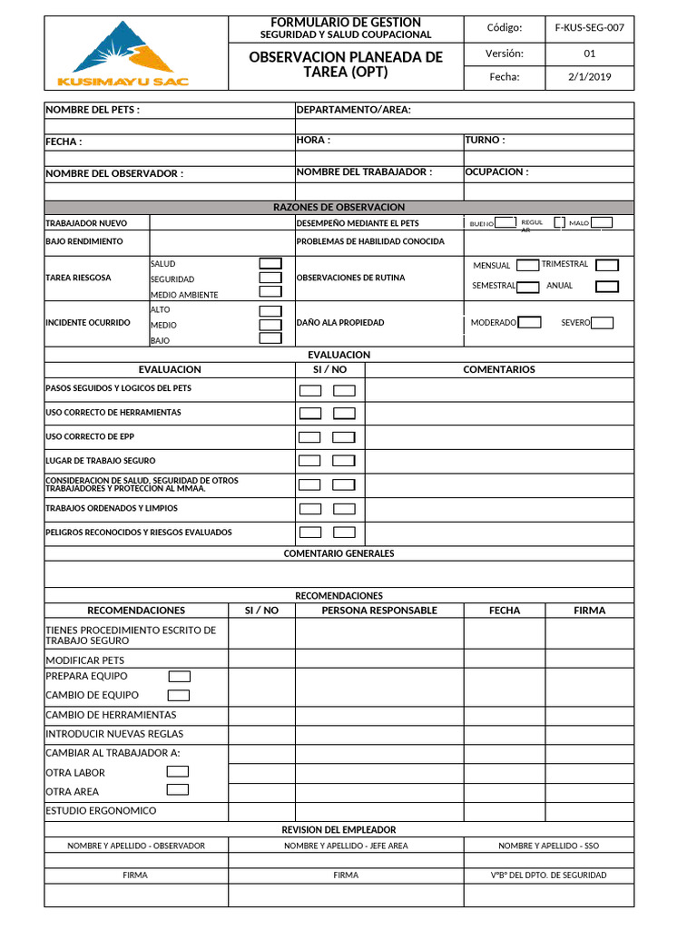 FORMATO Observacion Planeada de Trabajo OPT (1) | PDF