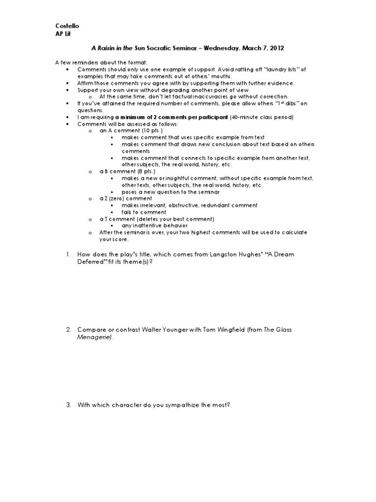 12 AP Lit A Raisin in The Sun Socratic Seminar | PDF | Behavioural ...