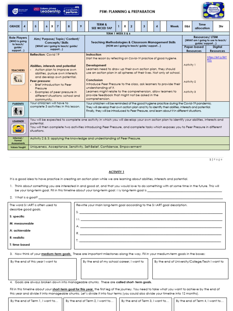 Lesson Plan Gr. 6 Life Skills PSW T1 W 5&6 | PDF | Goal | Lesson Plan