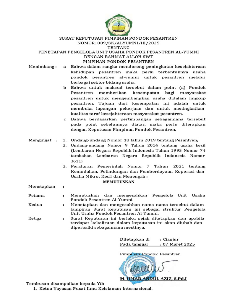 SK Pengelola Unit Usaha | PDF