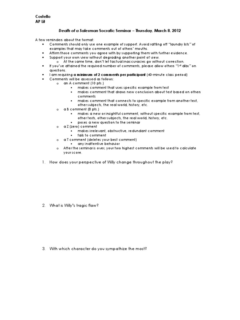 12 AP Lit Death of A Salesman Socratic Seminar | PDF | Epistemology ...