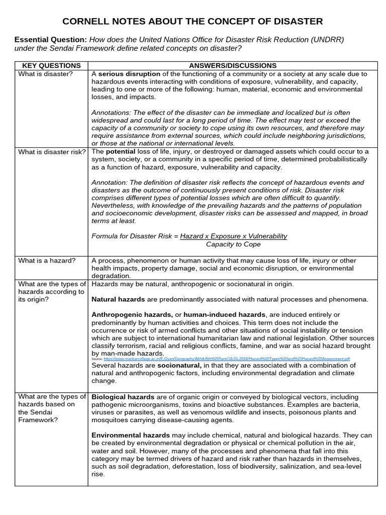 CORNELL NOTES ABOUT THE CONCEPT OF DISASTER v2 | PDF | Hazards ...