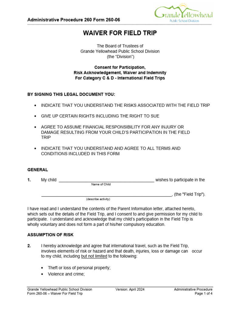 Field Trip Waiver Form for Parents | PDF | Indemnity | Insurance