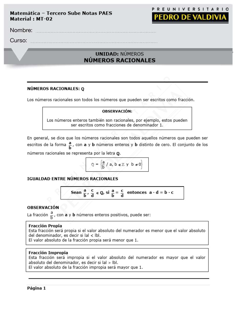 Números Racionales y Operaciones Matemáticas | PDF | Número racional ...