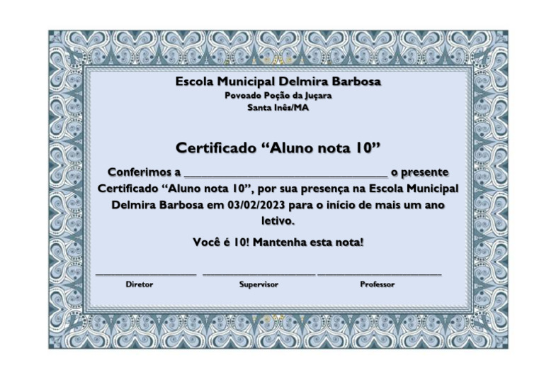 Certificado Aluno Nota 10 - 2023 | PDF