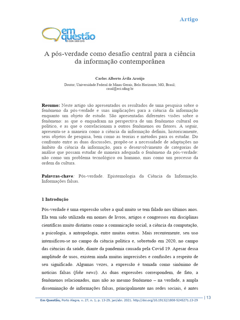 ARAÚJO, Carlos. A Pós-Verdade Como Desafio Central para A Ciência Da ...