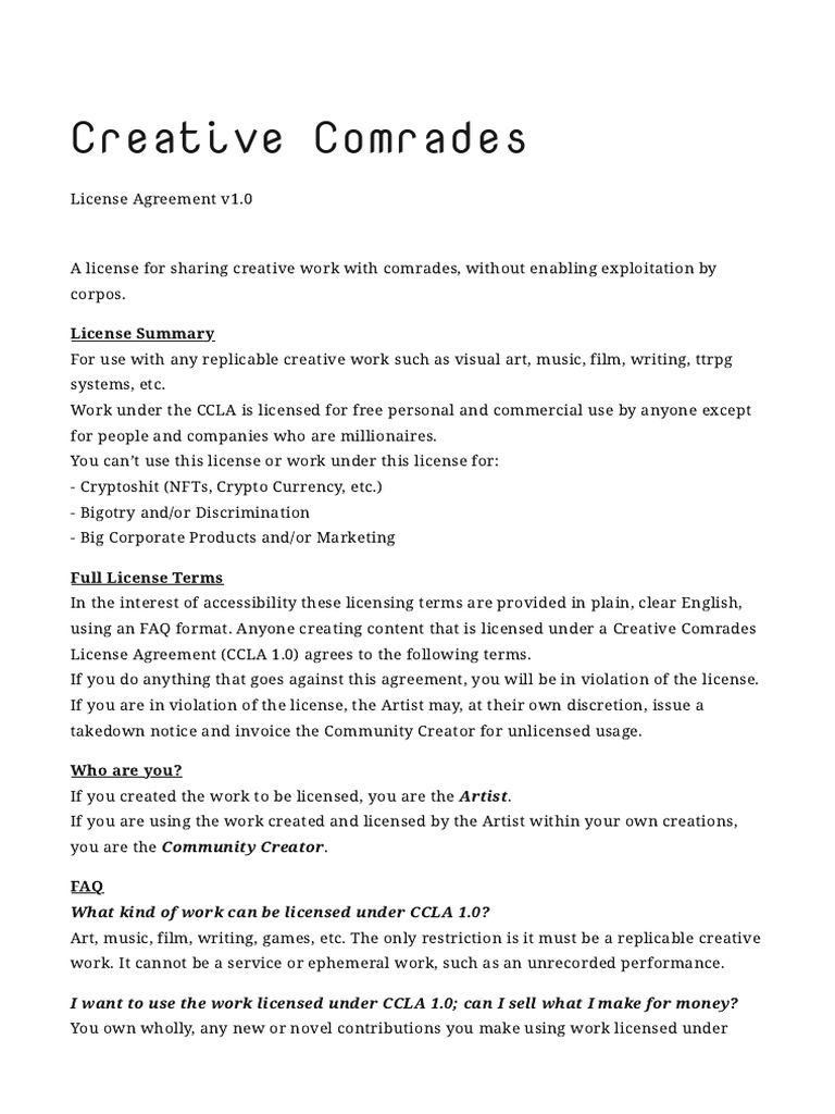 Creative Comrades License Text | PDF