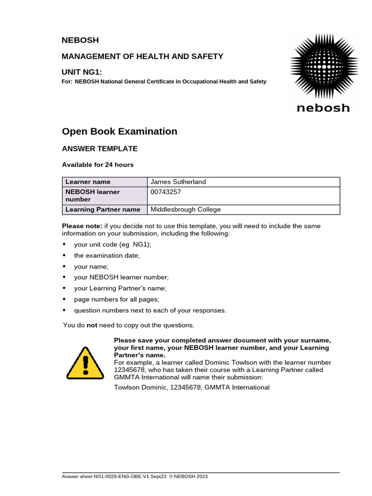 NG1 - 0029 ENG OBE Answer Sheet V1 | PDF | Safety | Risk