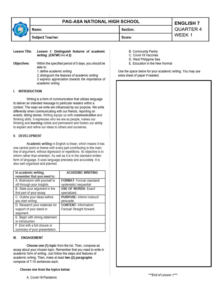 Eng7 4TH QT Las 2021-2022 | PDF | Essays | Communication